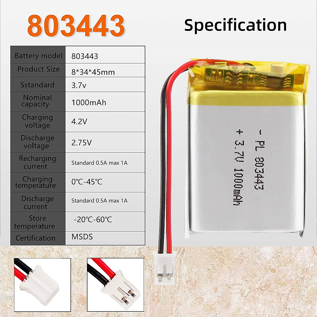 AKZYTUE 3.7V 1000mAh 803443 Lipo Battery Rechargeable Lithium Polymer ion Battery Pack with JST Connector