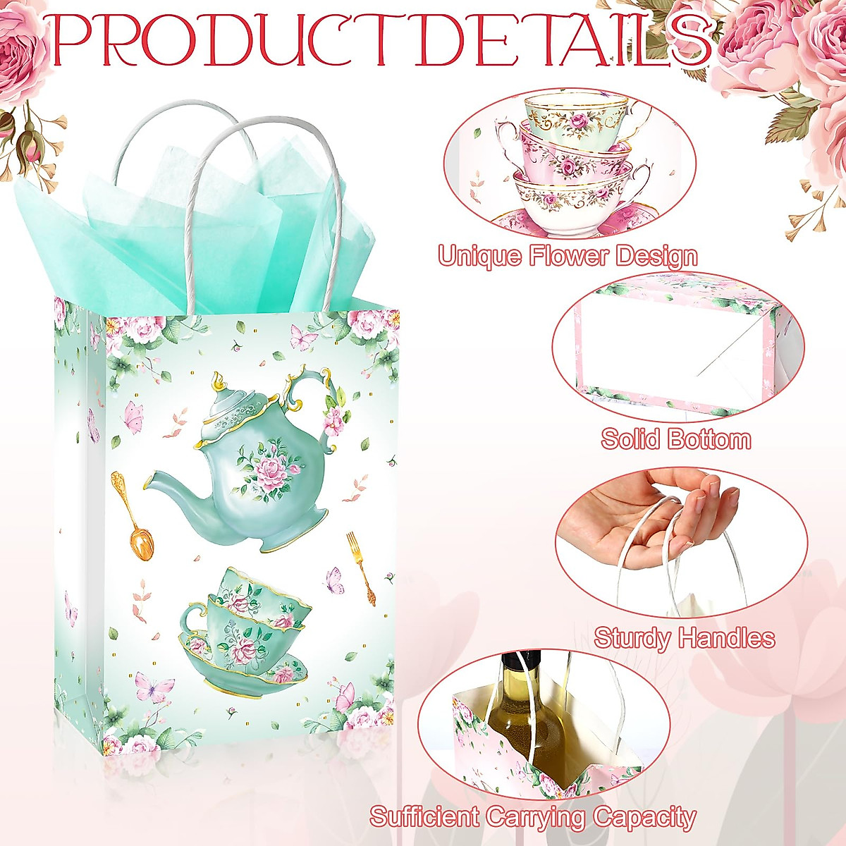 Locmeo 24 Pcs Tea Party Gift Bags with Tissue Paper Floral Teapot Goodie Treat Bags with Handles Tea Party Decorations for Kids Girls Wedding Baby Shower Birthday Party Favors Supplies, Pink and Green