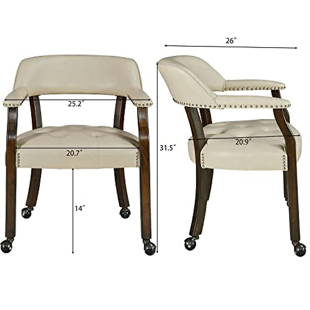 LEEMTORIG Dining Chairs with Casters and Arms, Faux Leather Accent Kitchen Table Chairs with Wheels, Roller Poker Table Chair, Wooden Captains Chair, Espresso Legs & Beige, XXY-1910-BG