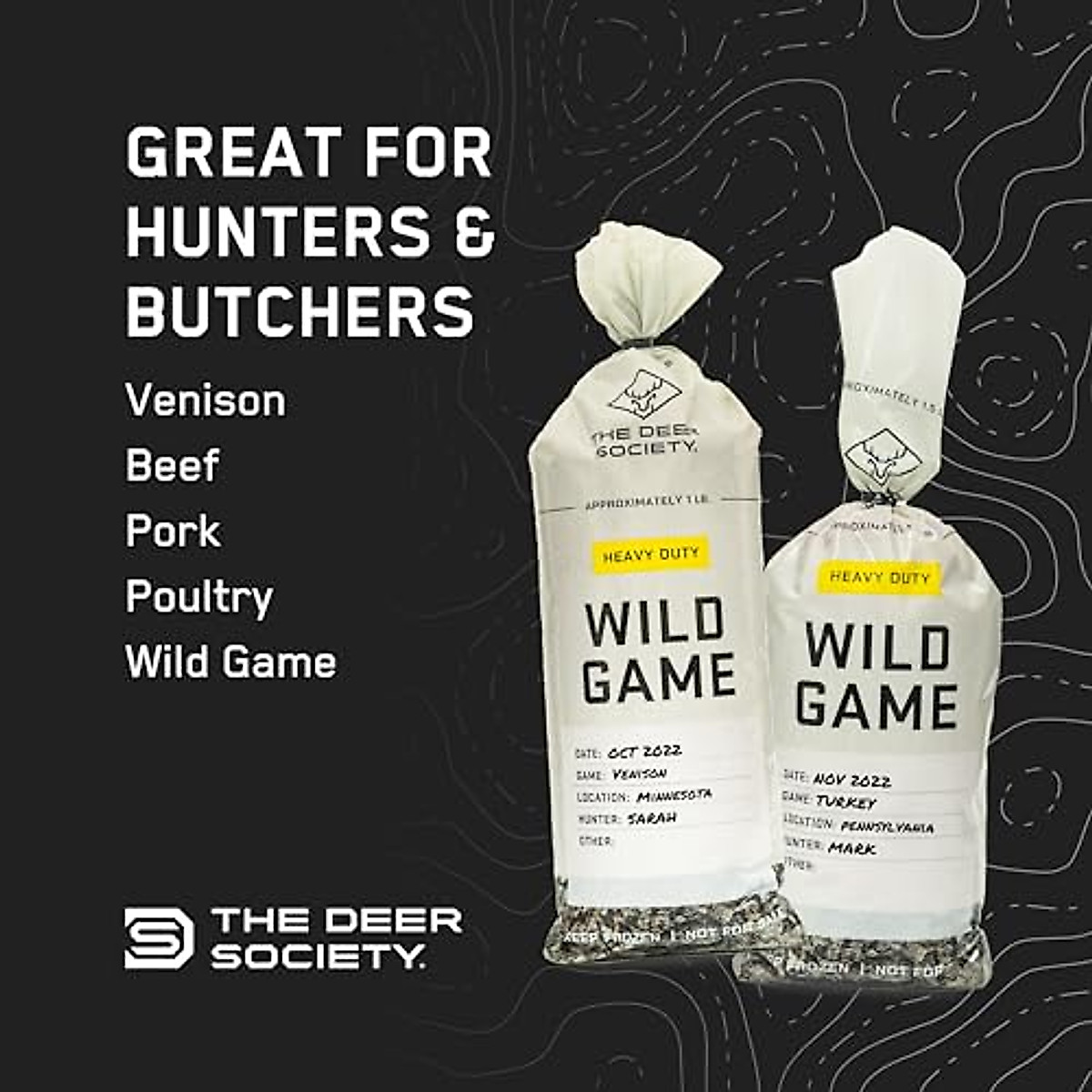[50 pk] Extra Strong, 2X Thick Wild Game Bags for Freezer Storage 1.5lb by Deer Society - Meat Bags for Your Ground Meat Packaging System - Processing Bags to Protect Your Game Meat from Freezer Burn