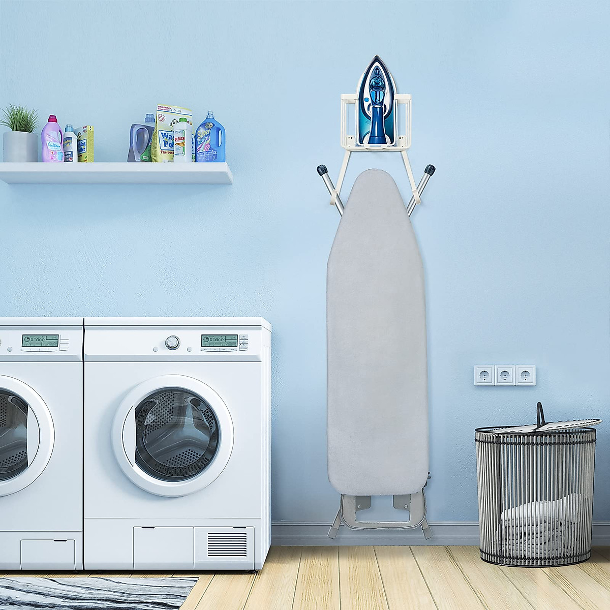 ORLESS Over The Door/Wall Mount Ironing Board Hanger, Laundry Room Iron and Ironing Caddy Board Storage Holder Cream