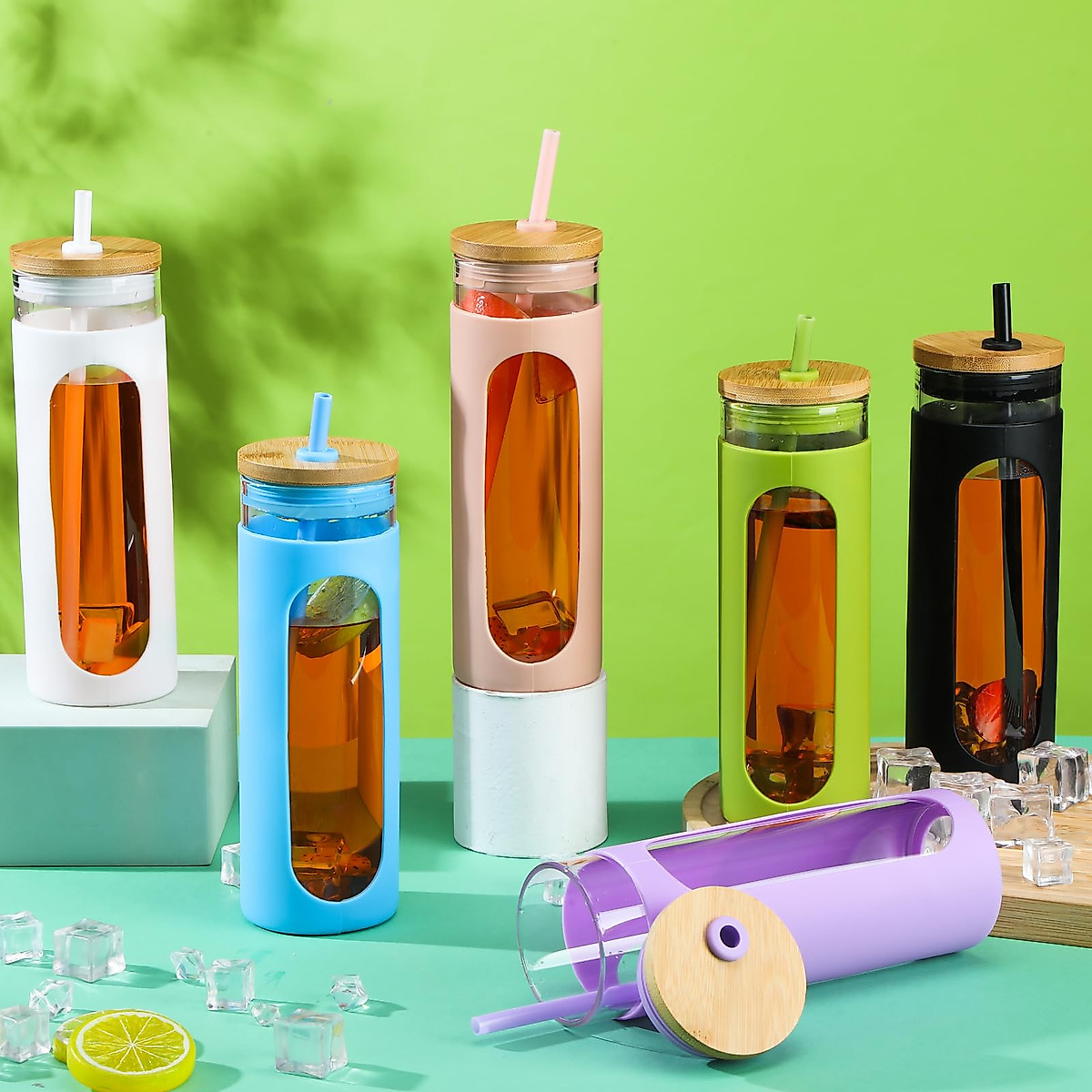 Uiifan 6 Pack 20 oz Glass Tumbler with Straw and Bamboo Lid Reusable Iced Coffee Tumbler Glass Water Bottle with Lids and Protective Sleeve Wide Mouth Water Cups for Home Office Party, 6 Colors