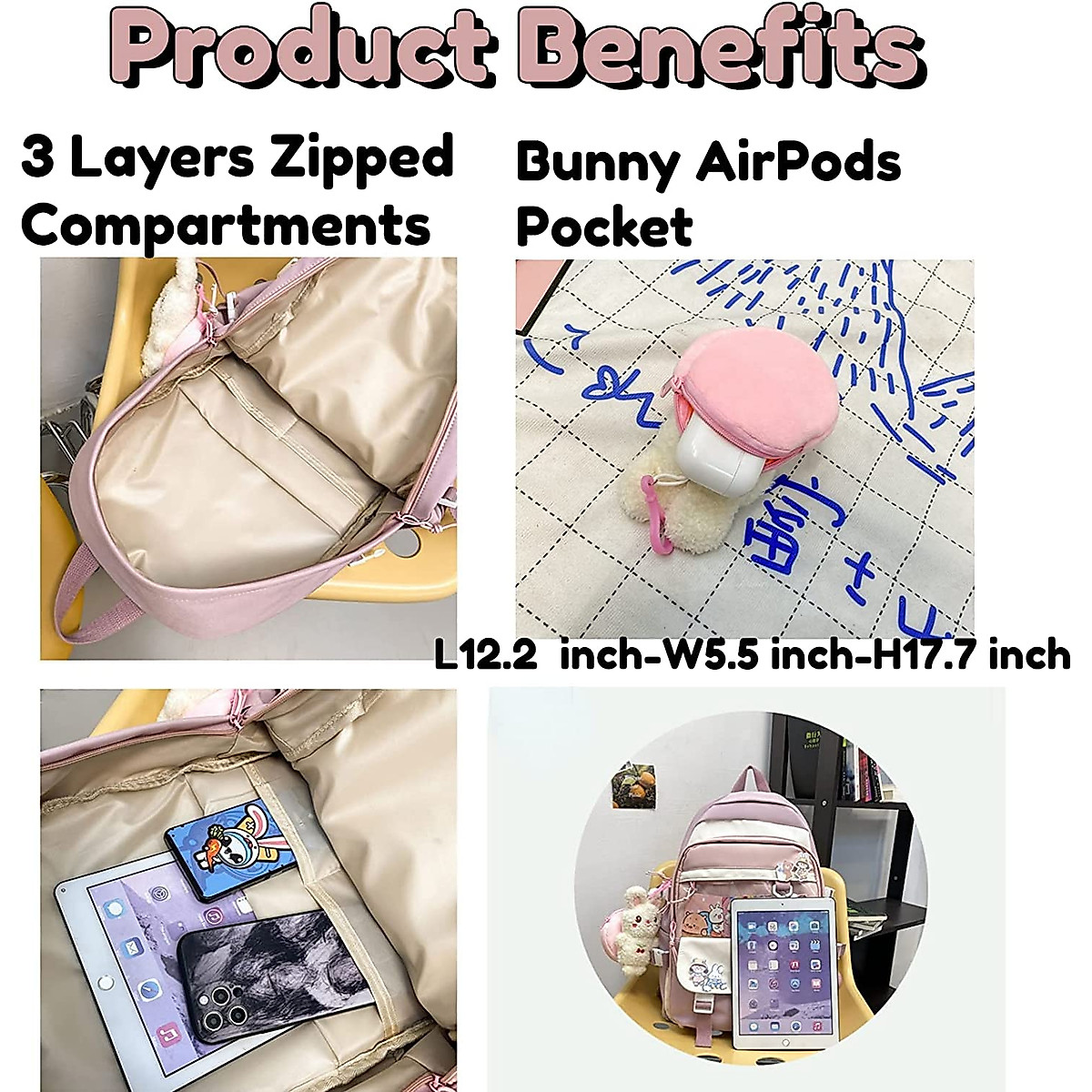 MBVBN Kawaii Backpack with Cute Card Plush pendant Kawaii School Backpack Cute Aesthetic Backpack for Girls Teen Bag School Supplies,Purple