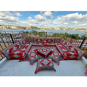 Traditional Floor Cushions, U Shaped Maroon Sectional Sofas, Arabic Floor Sofa Set, Pallet Sofa, Arabic Majlis, Yoga Meditation Sofas (U Sofa Full Set)