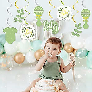 20Pcs Greenery Baby Shower Hanging Swirls Decorations, Sage Green Oh Baby Ceiling Hanging Streamers for Neutral Jungle Woodland Gender Reveal Sage Wedding Bridal Shower Birthday Safari Party Supplies