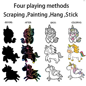 SLZQ 12 Pack Unicorn Scratch Arts and Crafts for Kids ,12 Ribbons and 12 Wooden Stylus,Scratch Paper for Kids Art Party Supplies Stocking Stuffer (Unicorn - Multicolour)