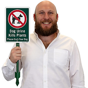 SmartSign 10 x 7 inch “Dog Urine Kills Plants, Please Curb Your Dog” LawnPuppy Yard Sign and 18 inch Stake Kit, 40 mil Laminated Rustproof Aluminum, Green and White, Set of 1