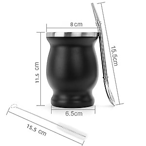 FAMKX 8oz Yerba Mate Cup With Bombillas Straw & Cleaning Brush, Stainless Steel Double wall Travel Gourd Mug Tumbler, (Wood grain)