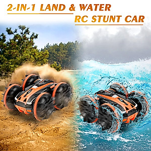Qinycon Amphibious RC Car Remote Control Boat for Kids, 4WD 2.4Ghz 2 in 1 RC Stunt Car with 360° Flips, Double Sided Rotating RC Cars Toy for 5-12 Year Old Boys & Girls