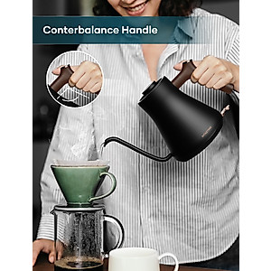 Gooseneck Electric Kettle INTASTING Fast Boiling Hot Water, Pour-over Coffee & Tea, 100% Stainless Steel, 0.9L/30oz, Auto Shut-Off & Boil Dry Protection, Matte Black with Dark Brown Wood Handle