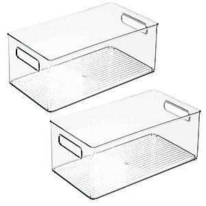 mDesign Deep Plastic Storage Organizer Container Bin, Office Organization for Filing Cabinet, Cupboard, Shelves, and Desk - Holds Notepads, Pens, Pencils, Highlighters, and Staplers - 2 Pack - Clear