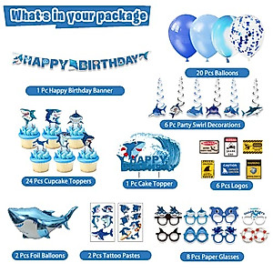 Shark Birthday Party Decorations, Shark Theme Party Supplies for Boys Baby - Banner, Cake, and Cupcake Toppers, Balloons. Hanging Swirl, Shark Glasses, Shark Sign