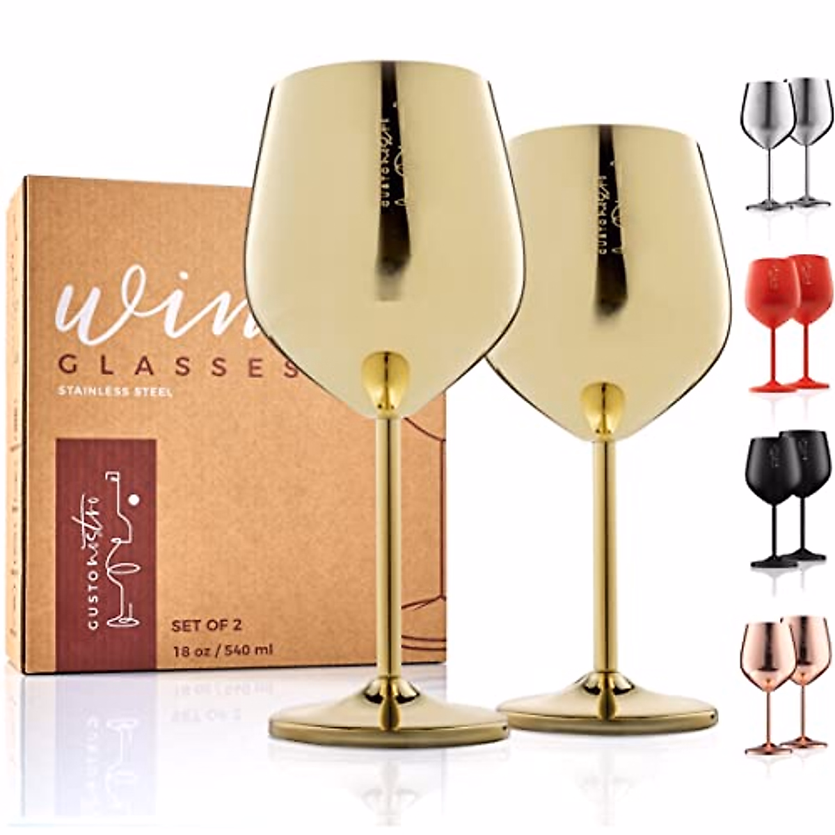 Gusto Nostro Stainless Steel Wine Glass - 18 oz Unbreakable Gold Wine Glasses for Travel, Camping and Pool - Fancy, Unique and Cute Portable Metal Wine Glass for Outdoor Events, Picnics (Set of 2)