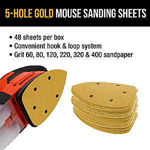 Dura-Gold Premium Mouse Detail Sander Sandpaper, 48 Assorted Grit Sanding Sheets - 60, 80, 120, 220, 320, 400-5 Hole Pattern Hook & Loop Triangle Mouse Discs - Woodworking Wood Crafting, Auto Paint