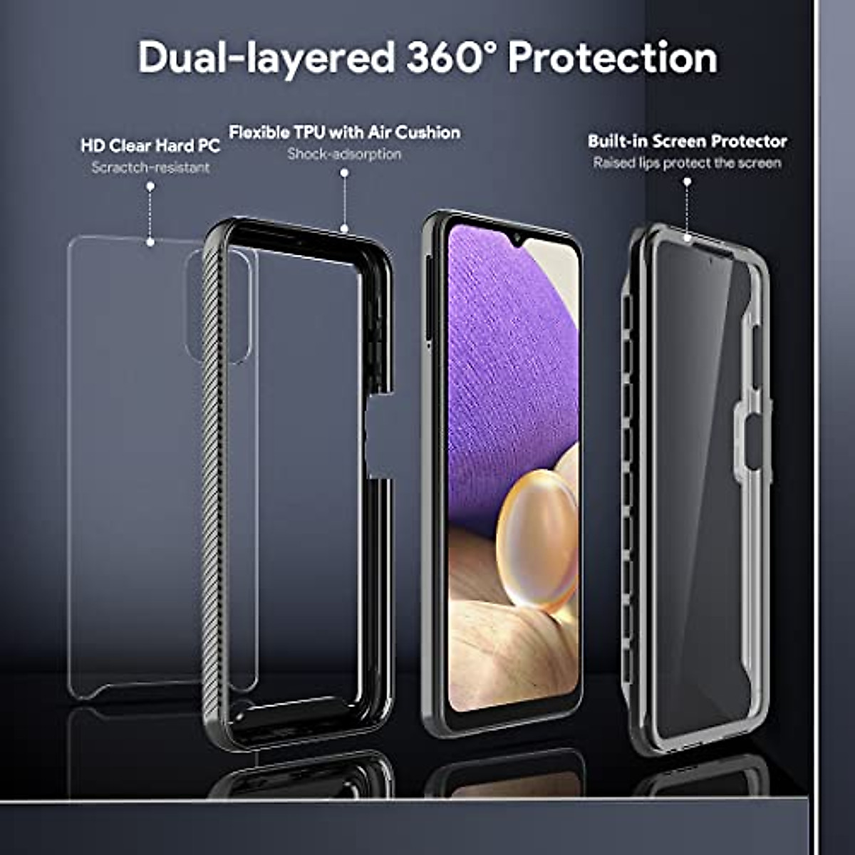 HATOSHI Samsung Galaxy A32 5G Case with Built in Screen Protector, [Military-Grade] Full-Body Shockproof Heavy Duty Protection Crystal Clear Back Protective Phone Case Cover for Samsung A32, Black