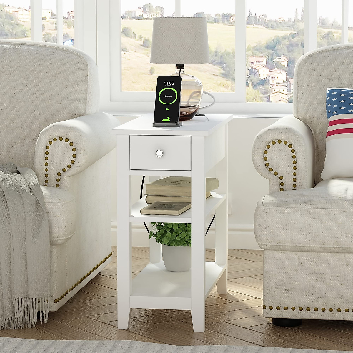 ChooChoo Narrow End Table with Charging Station, Side Table Living Room with USB Ports & Power Outlets and Hidden Drawer, 3-Tier Skinny Nightstand with 2 Open Storage Shelves for Small Place (White)