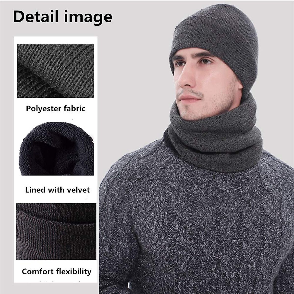 Winter Knit Beanie Hat Neck Warmer Scarf and Touch Screen Gloves Set 3 Pcs Fleece Lined Skull Cap for Men Women (black)