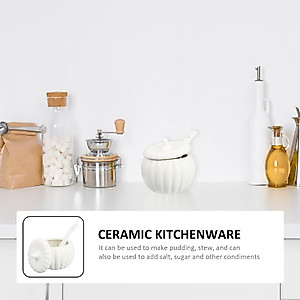 Cabilock Ceramic Soup Bowl with Lid Spoon Saucer Steamed Egg Bowl Pumpkin Shaped Dessert Pot Seasoning Jar Dip Bowl Plate Dish Kitchen Gadgets White