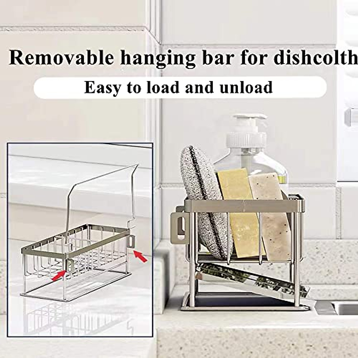 DMJWAN Kitchen Sink Caddy Organizer, 304 Stainless Steel Sponge Holder Sink Caddy for Dish Rags Brush Soap Scrubber with Auto Drain Tray