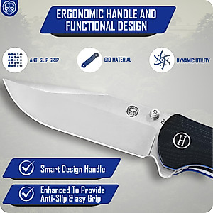 Holtzman's Gorilla Survival 'Wrangler' Folding Knife featuring D2 Steel Blade with G10 Handle in Gift Box Set (Silver+Blue)