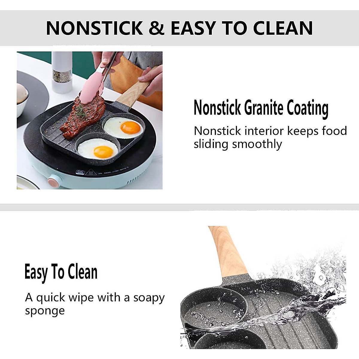 JUSTUP Nonstick Egg Frying Pan, 3-in-1 Nonstick Pan Divided Grill Frying Pan, Heat Resistant Handle 3 Section Skillet Mini Pancake Pan, Cooking Pan for Breakfast, Egg, Bacon and Burgers, 7.3 in