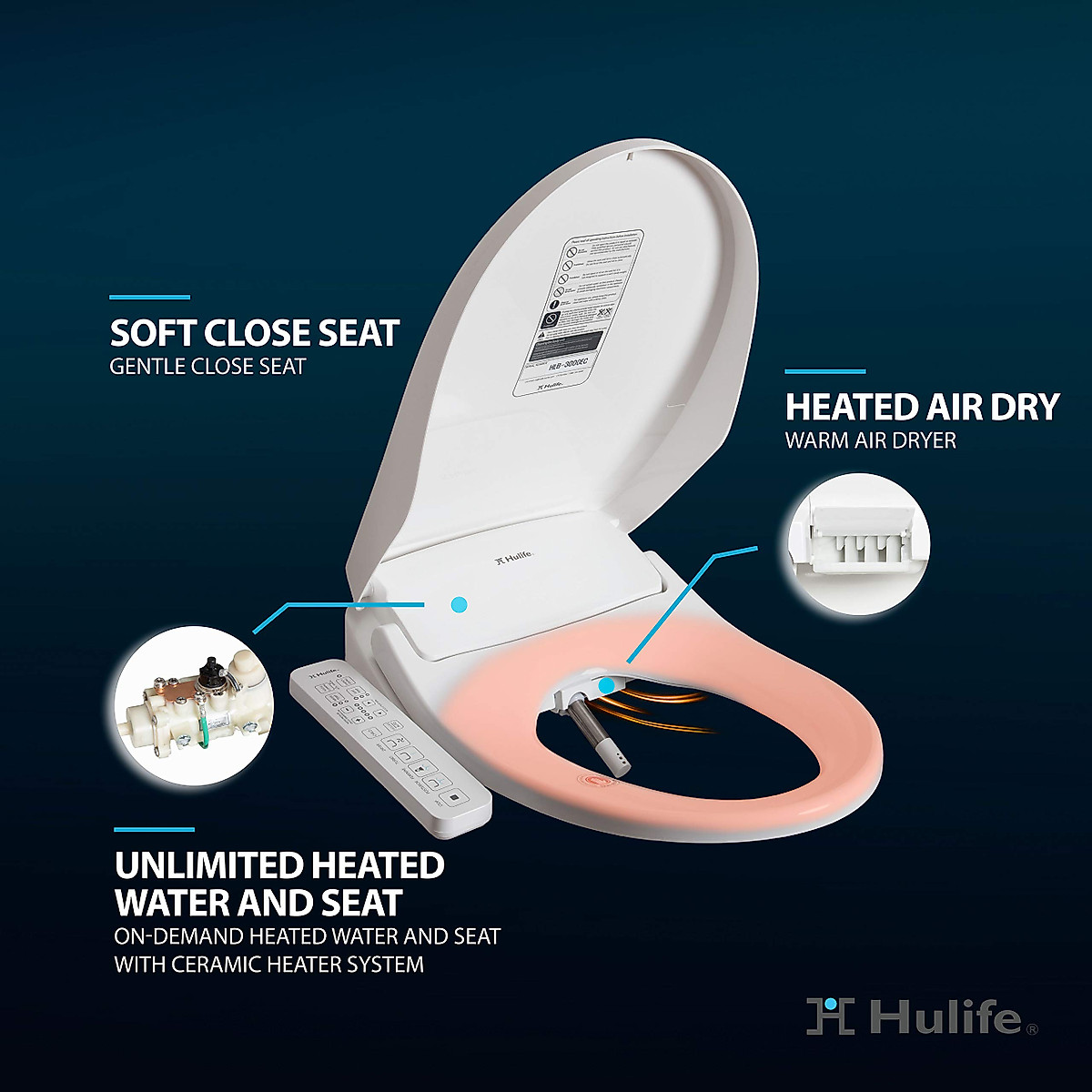Hulife Electric Bidet Seat for Elongated Toilet with Unlimited Heated Water, Heated Seat, Warm Air Dryer, Touch Control Panel