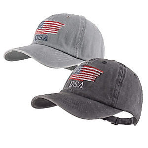 LANGZHEN American Flag Hats for Men and Women USA Flag Baseball Cap Adjustable Outdoors Trucker Snapback Hat (USA-Washed-Black+USA-Gray,One Size)