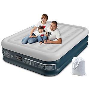 Sprinq Queen 18 Inch Adjustable Portable Air Mattress with Built-in Pump, Flocked Top Layer for Home & Camping Travel - Green