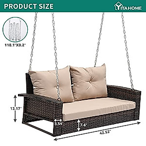 YITAHOME Wicker Hanging Porch Swing Chair Outdoor Brown Rattan Patio Swing Lounge w/ 2 Back Cushions Capacity 530lbs for Garden, Balcony, Living Room, Beige