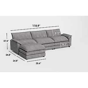 JUMMICO 119” Sectional Sofa Modern Deep Couch with Reversible Ottoman, L-Shaped Chenille Fabric Modular Sofa Sleeper Comfy for Living Room/Bedroom/Apartment (Grey, L Shaped Sofa)