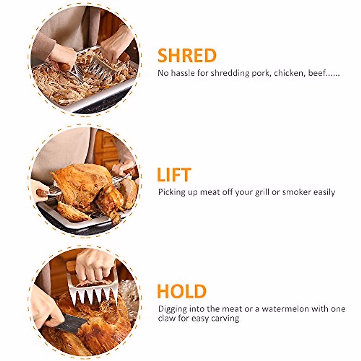 1Easylife Metal Meat Shredder Claws, 18/8 Stainless Steel Meat Forks with Wooden Handle for Shredding, Pulling, Handing, Lifting & Serving Pork, Turkey, Chicken, Brisket