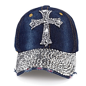 Song Qing Jean Snapback Hat Women Men Bling Cross Rhinestones Denim Baseball Cap Dark Blue