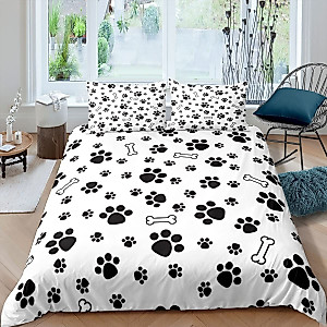 Castle Fairy Dog Paw Print Duvet Cover for Boys,Girls Puppy Bone Comforter Cover Full Size,Black White Bedding Set Kids Teen Room Decor Bed Cover,Dog Footprints Bedclothes with Zipper