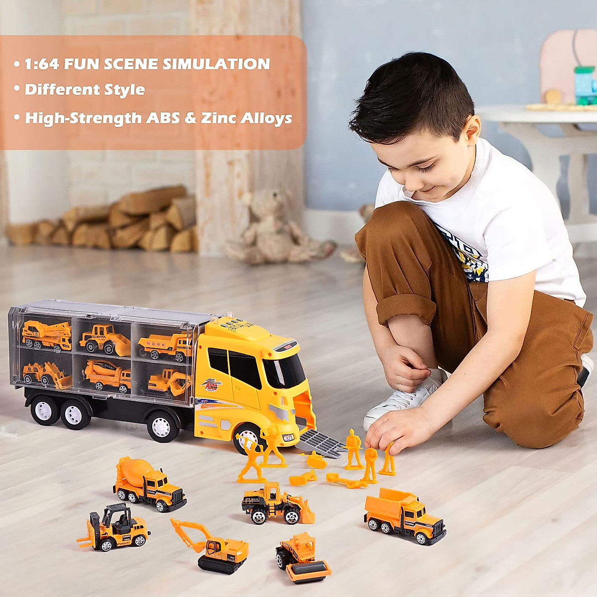 LOYEH 18 in 1 Die-cast Construction Truck Kids Play Vehicles Toy Set, Construction Toy Truck with 12 Construction Vehicles and 8 Toy Figures, Lights and Sounds, Kids Birthday Gifts