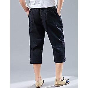 LZJN Men's Summer 3/4 Pants Cotton Linen Elastic Waistband Wide Leg Capri Shorts Bermuda Lounge Trousers with Embroidery (MF-138 Black, One Size)