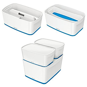 Leitz A5 MyBox Small with Lid, Storage Box for Home and Office, 5 L, High Gloss, Plastic, White/Blue Metallic;MyBox