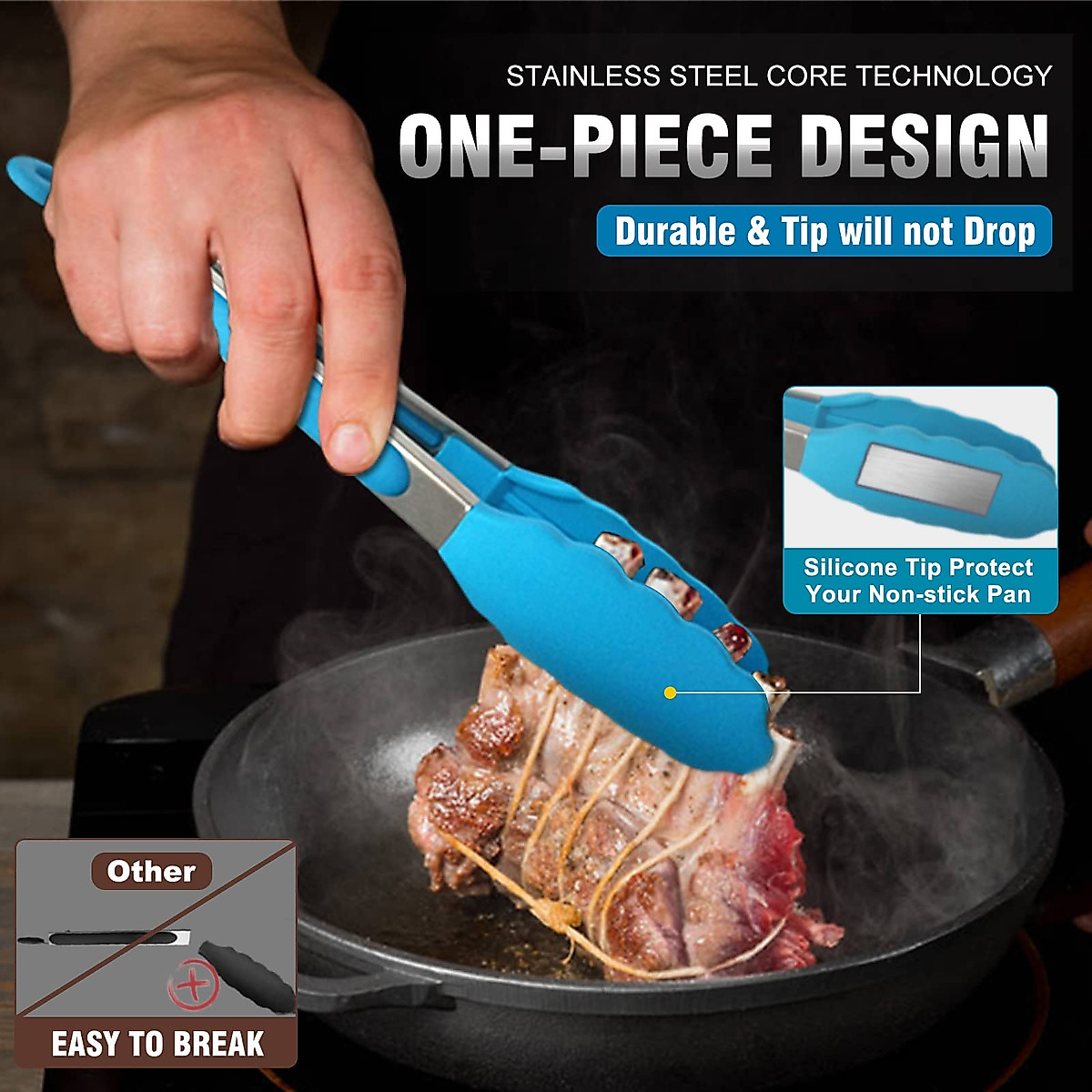 Walfos Silicone Tongs for Cooking - Heat Resistant kitchen tongs for Salad,Cooking, Grilling,Stainless Steel and BPA Free Silicone Tips set of 3 (7" 9" and 12 inch)