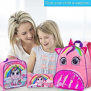 UFNDC Toddler Backpack for Girls, 3pcs Unicorn Sequin Preschool Bookbag with Lunch Box,Cute Kindergarten School Bag