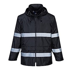 Portwest F440 Men's Hi Vis Waterproof Rain Jacket - Classic Iona Reflective Rain Jacket Black, Large