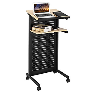 Bonnlo Mobile Wheeled Lectern Standing Podium, Portable Lecture Speech Teach Platform for Classroom Church or Ceremony, Multi-Function Reading or Laptop Desk, Table w/Tilted Top Board & Edge Stopper