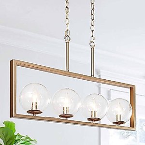 Gold Chandelier, 4-Light Modern Chandelier Light Fixture, 30" Mid Century Linear Kitchen Island Lighting, Seeded Glass Globe Shades
