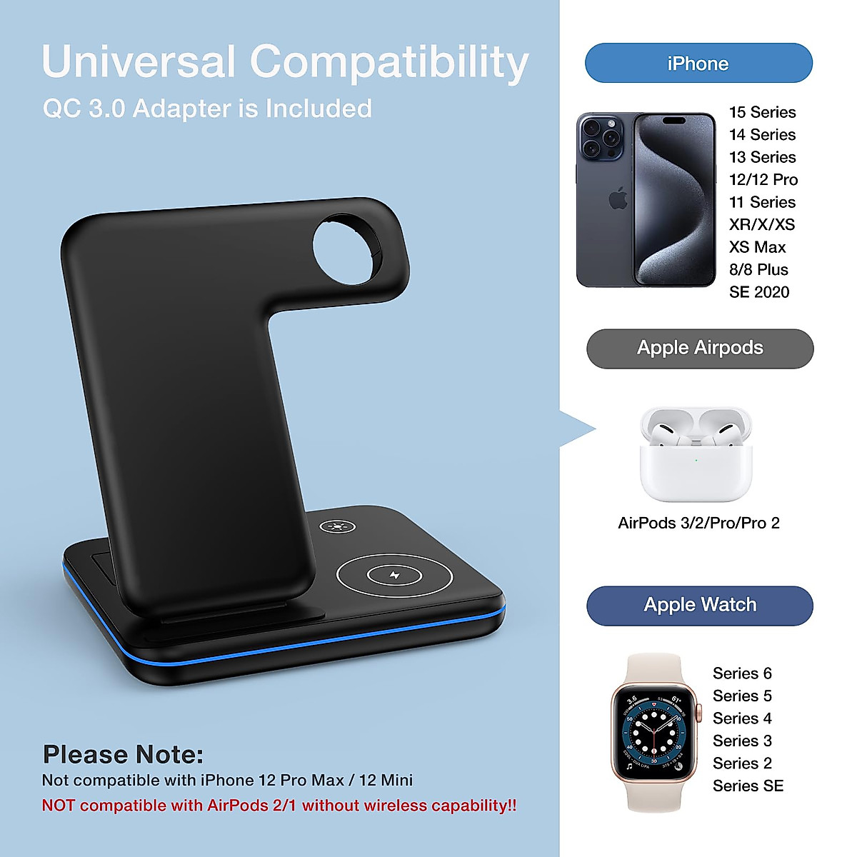 Wireless Charger 3 in 1 for iPhone/iWatch/Airpods Devices, Safe Charging Station for Apple Watch 6/SE/5/4/3/2, for iPhone16,15 14,13,12,11 (Pro, Max)/XS/XR/X/8, Compatible with Airpods 3/Pro/2