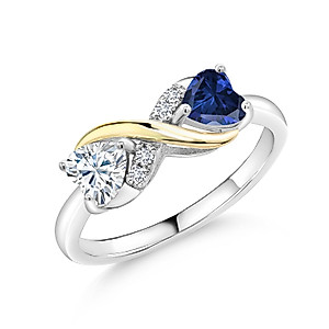 Gem Stone King 925 Sterling Silver and 10K Yellow Gold Blue Created Sapphire and White Moissanite (0.96 Cttw, Heart 5MM, Available In Size 5, 6, 7, 8, 9)