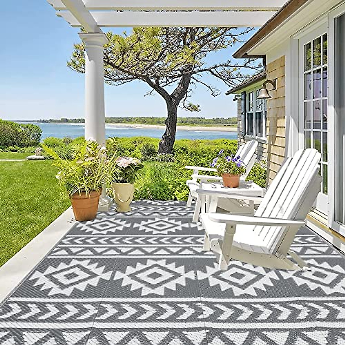 Pauwer Waterproof Outdoor Rug 5x7, Reversible Plastic Straw Patio Camping Rug, Indoor Outdoor RV Mat Carpet for Deck, Camper, Porch, Balcony, Backyard, Picnic, Moro Grey