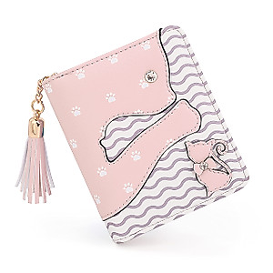 UTO Wallet for Girls Cute Cat Leather Vegan Small Women Card Holder Kawaii Coin Purse with Tassel