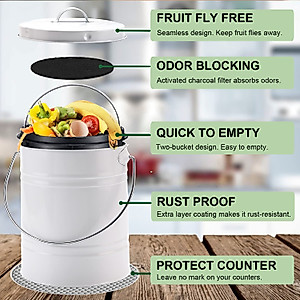Compost Bin for Kitchen Counter, LALASTAR Small Metal Compost Bin Indoor Kitchen Sealed with Lid for Food Waste, Countertop Composter Container, White, 1 Gallon