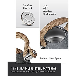 POLIVIAR Tea Kettle, 2.7 Quart Natural Stone Finish with Wood Pattern Handle Loud Whistle Food Grade Stainless Steel Teapot, Anti-Hot Handle and Anti-Rust, Suitable for All Heat Sources (JX2018-GR20)