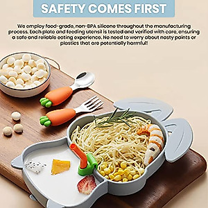 EMGATE Silicone Baby Feeding Set Includes Toddler Plates, Toddler Forks and Spoons –Premium 5-Piece Toddler Feeding Supplies – Non-BPA Bunny Plates with Straw, Brush – Cute Packaging (Blue)