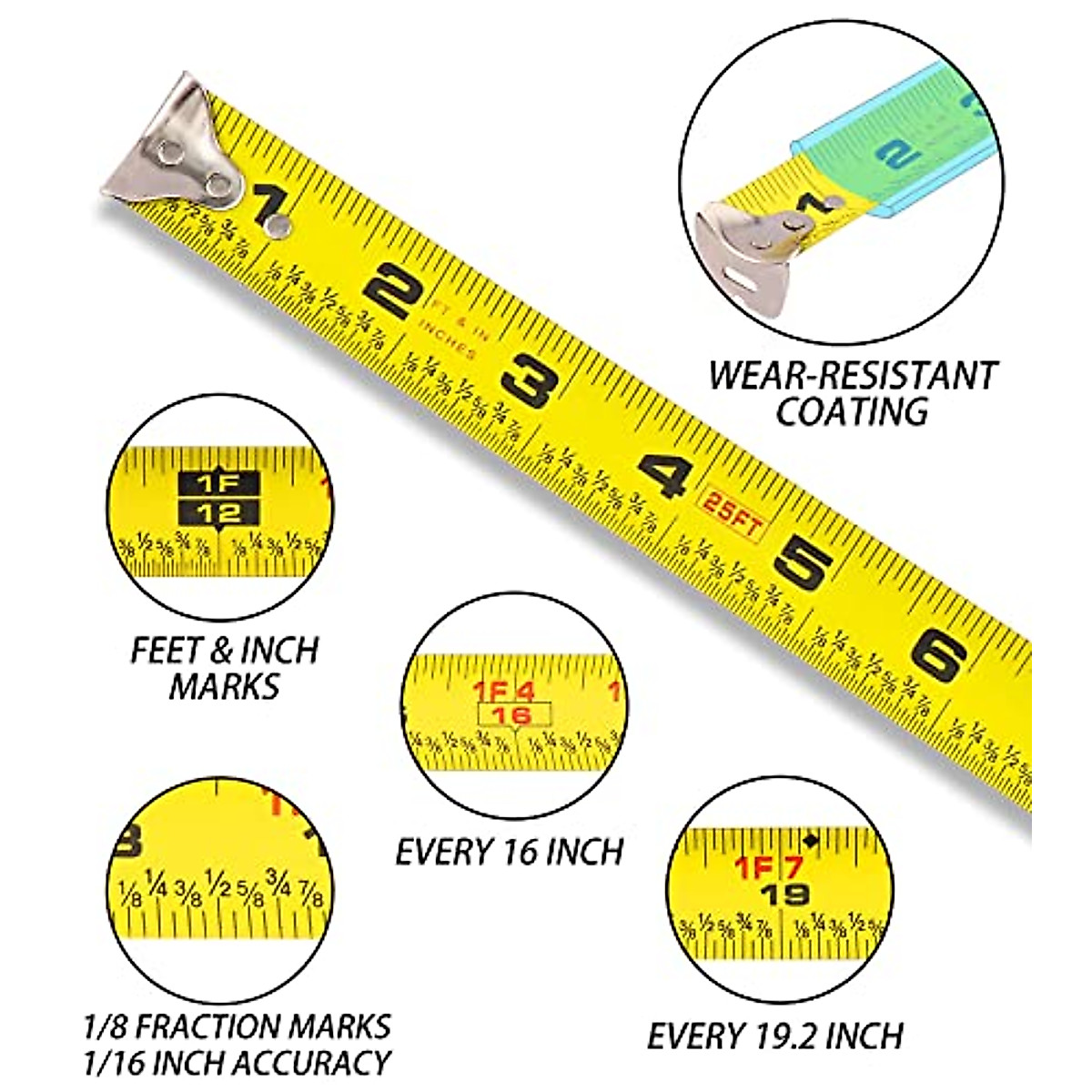 DOWELL Measuring Tape Measure 25ft Measurement Tape Steel Blade Shock Absorbent Solid Rubber Case Accurate Easy Read with Fractions 1/8 for Construction Contractor Carpenter Architect Woodworking (1)