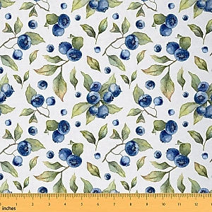 Watercolor Blueberry Fabric by The Yard Outdoor Fruits Botanical Leaves Decor Fabric for Kids Teens Adults Wild Plants Rustic Style Fabric for DIY Upholstery and Home Accents 1 Yard,36" L x 59" W